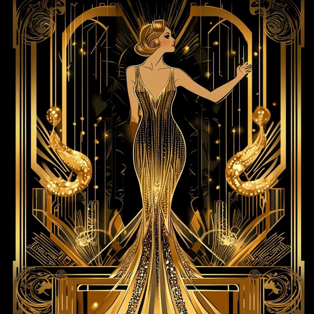 Glamorous Art Deco Lady Digital Wall Art Golden Vintage Style Print for ...