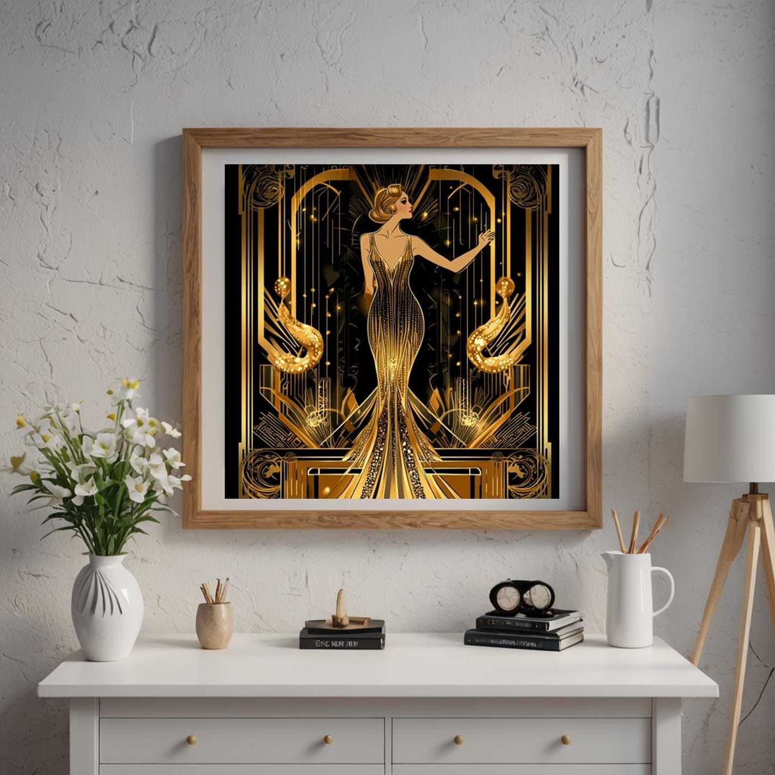 Glamorous Art Deco Lady Digital Wall Art Golden Vintage Style Print for ...