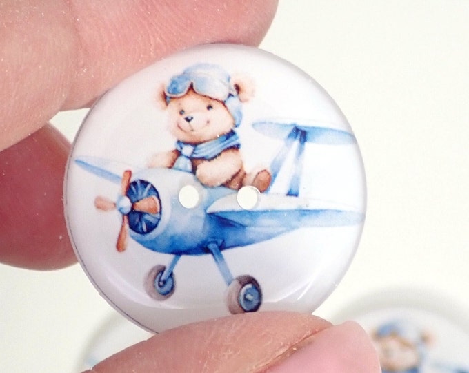 HANDMADE Buttons. 6 Teddy Bear in Airplane Sewing Buttons. Assorted ...