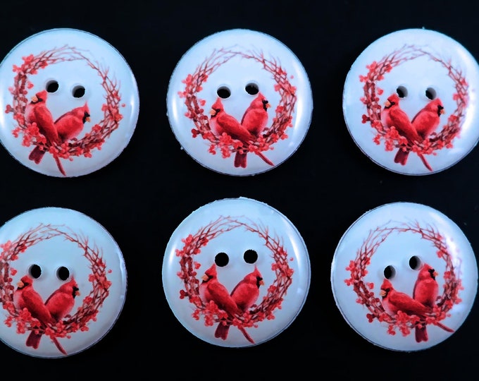 6 Cardinal Buttons. Bright Red Cardinals in Red Berry and Grapevine ...