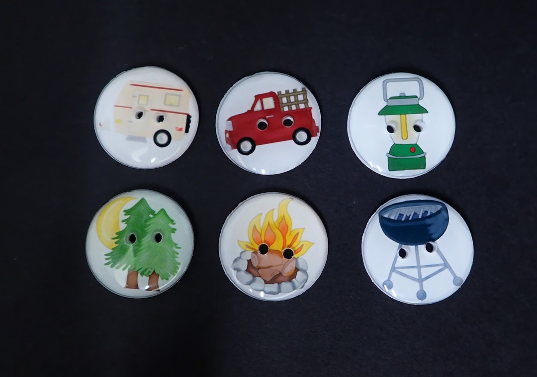 6 Assorted Camping Themed Handmade Buttons for Sewing. Truck, BBQ ...