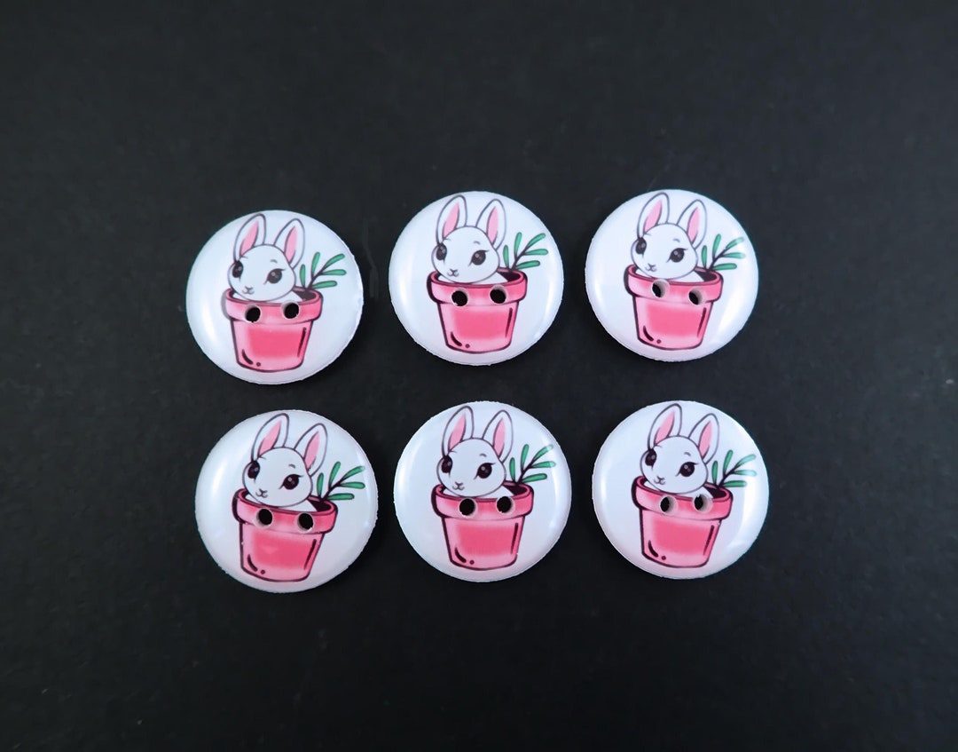 6 Rabbit in PINK Flower Pot Buttons. Handmade Buttons. Easter or Spring ...