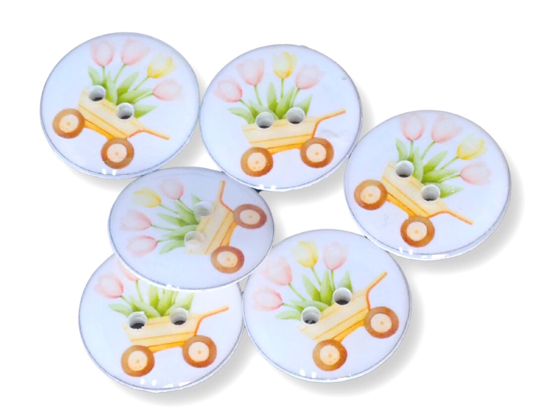 HANDMADE Buttons. Set of 6 Handmade Spring Tulip in Wheelbarrow Sewing ...