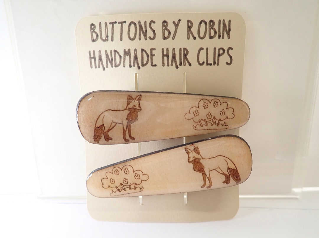Set of Two Handmade Wooden Engraved Woodland Fox Hair Clip or Barrette ...