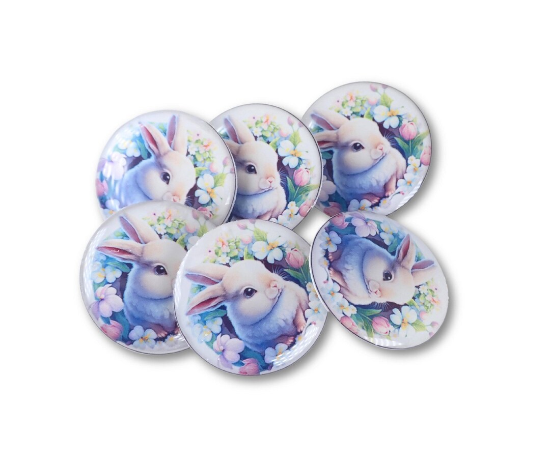 HANDMADE BUTTONS. 6 White Rabbit and Flowers Sewing Buttons. SHANK ...