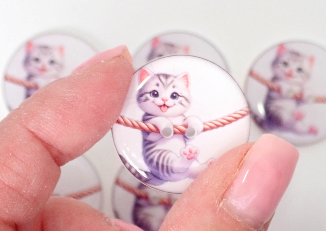 HANDMADE Buttons. 6 Grey and White Striped Cat or Kitten Playing With ...