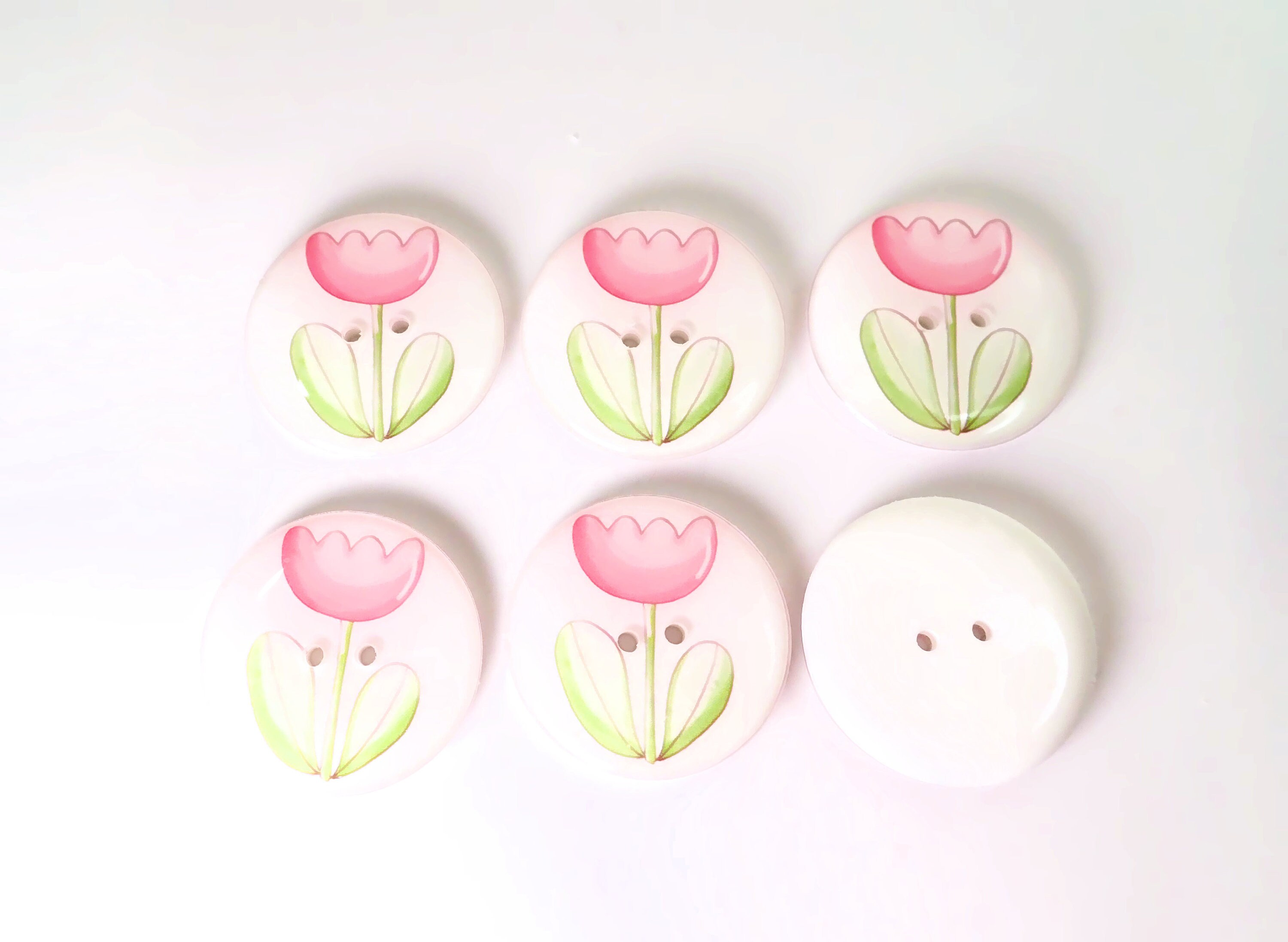 HANDMADE Buttons. Set of 6 Handmade Pink Flower or Tulip Sewing Buttons ...