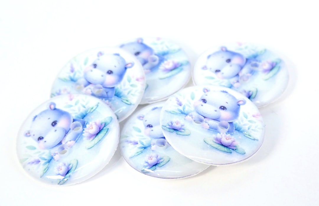 HANDMADE BUTTONS. 6 Hippopotamus Buttons. Blue and Purple Hippo Sew on ...