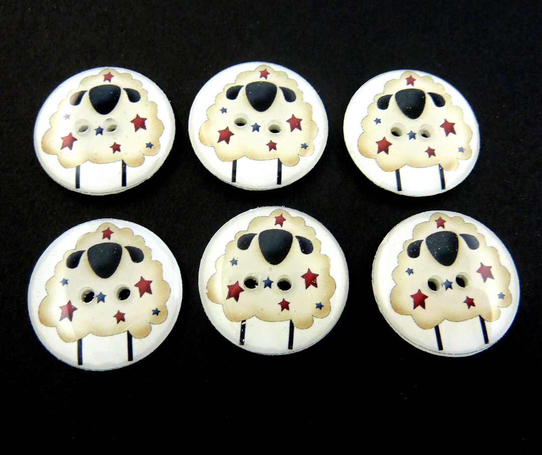 6 Handmade Americana Primitive Sheep Buttons. Red and Blue Star ...