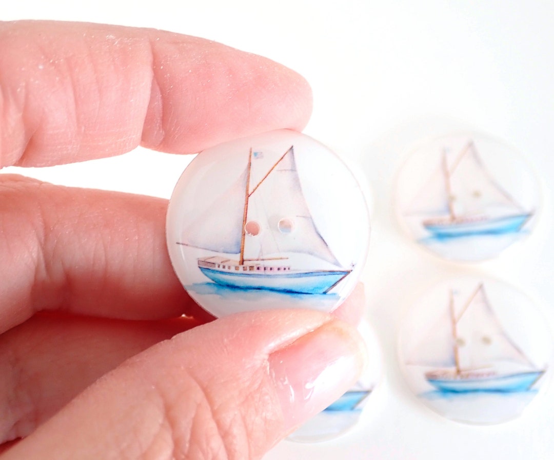 HANDMADE Buttons. 6 Light Blue and White Sailboat Buttons. Handmade ...