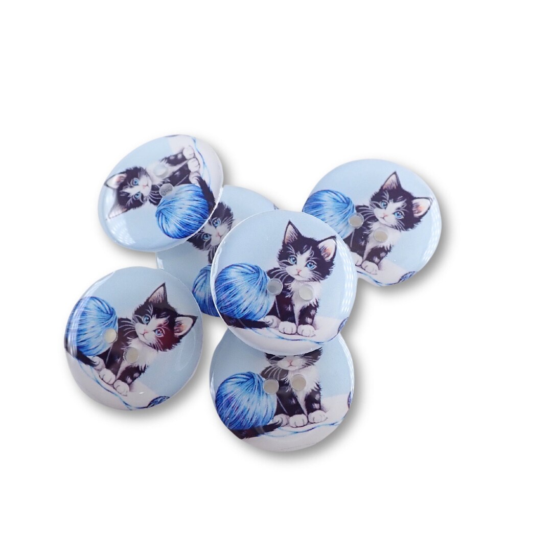 HANDMADE Buttons. Set of 6 Black and White Cat or Kitten With Blue Yarn ...