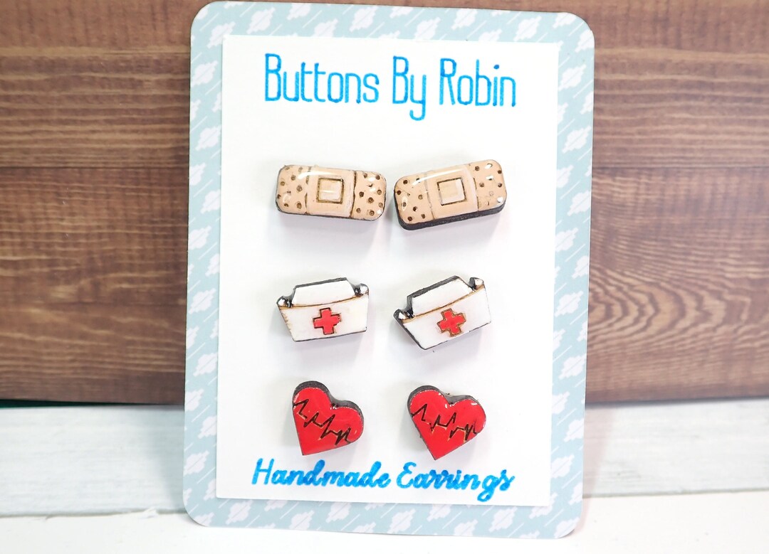3 Pairs of Handmade Nursing Themed Hand Painted Wooden Stud or Post ...