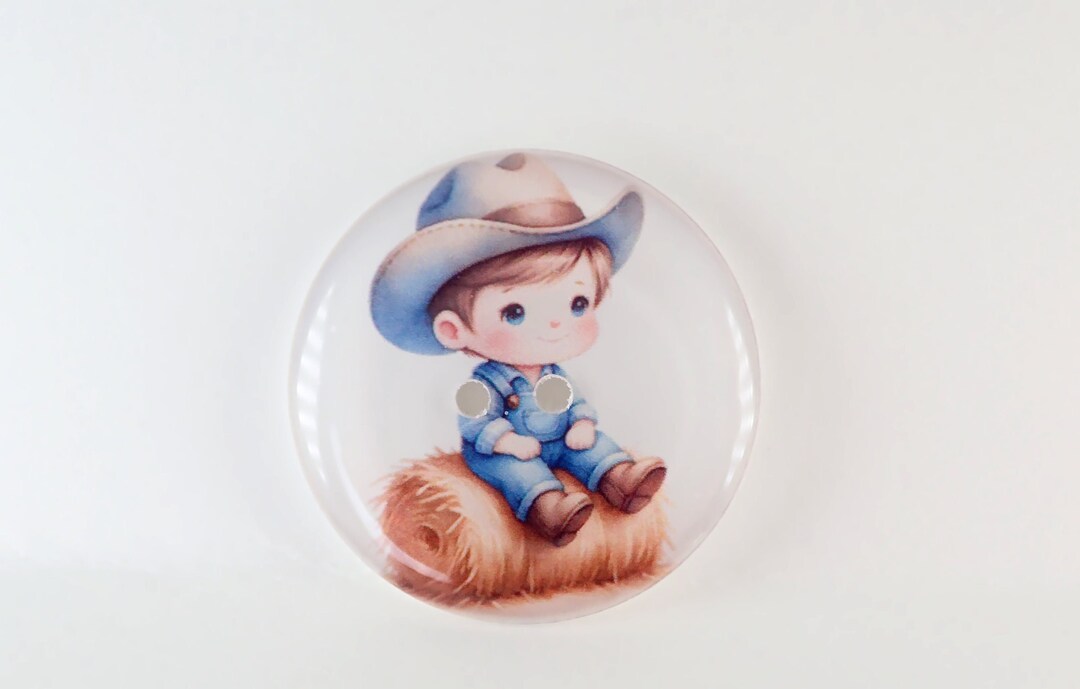 6 HANDMADE Cowboy Buttons. Cute Cowboy on Bale of Hay. Assorted Sizes ...