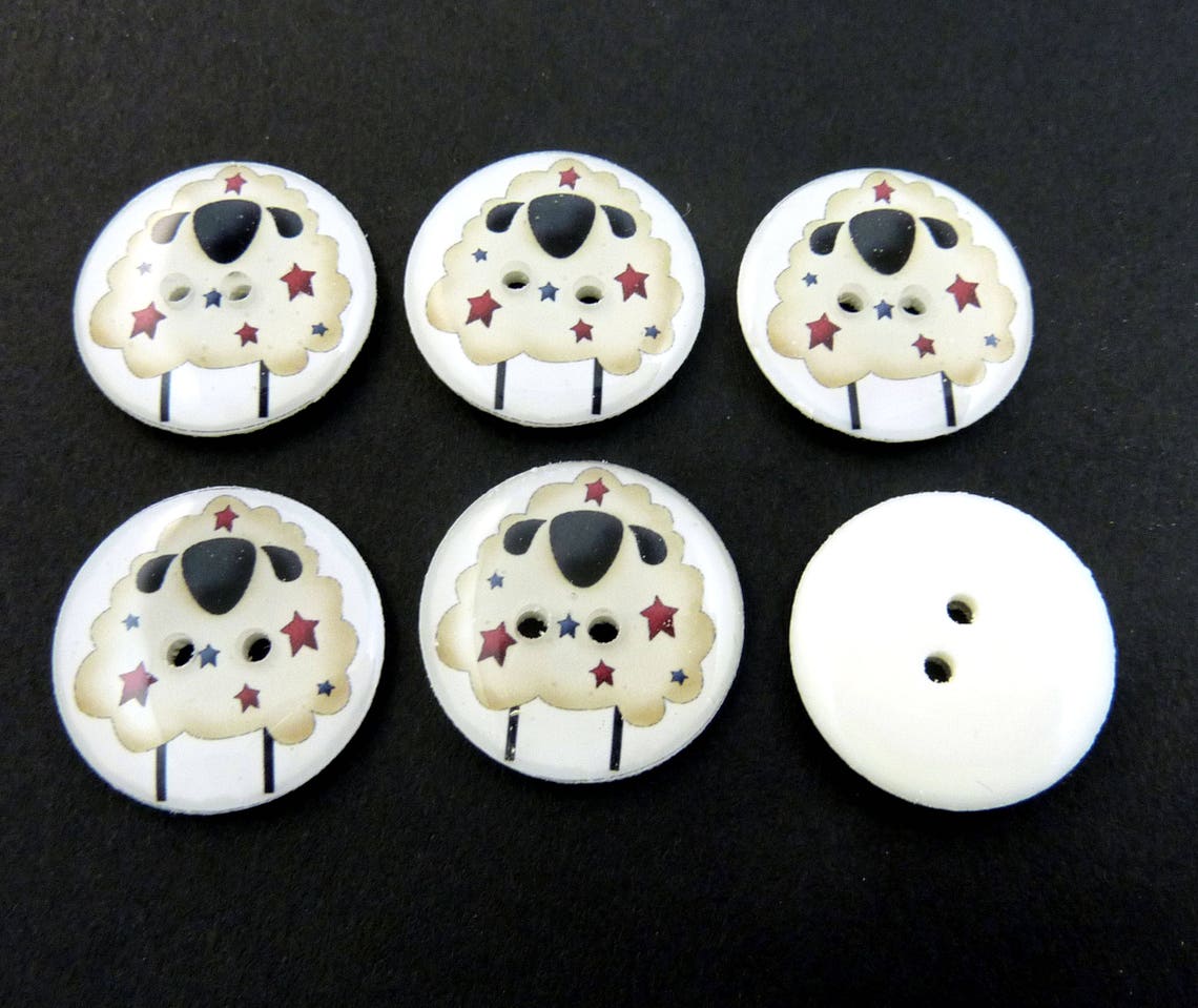 6 Handmade Americana Primitive Sheep Buttons. Red and Blue Star ...