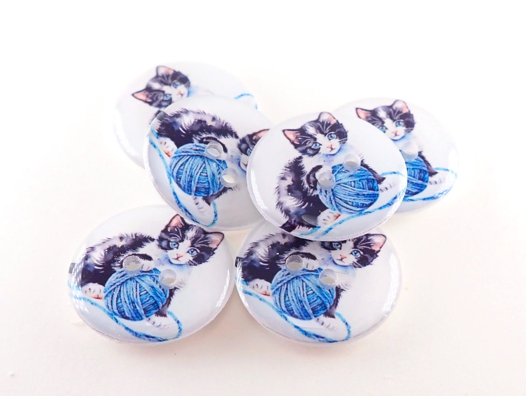 HANDMADE Buttons. Set of 6 Black and White Cat or Kitten With Blue Yarn ...