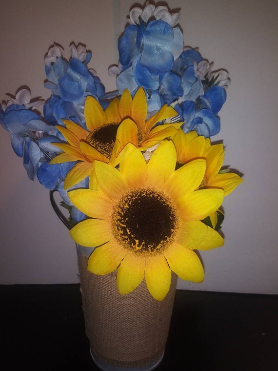 Silk Bluebonnets Sunflowers arranged in a Tin vase by Fauxnomenal ...