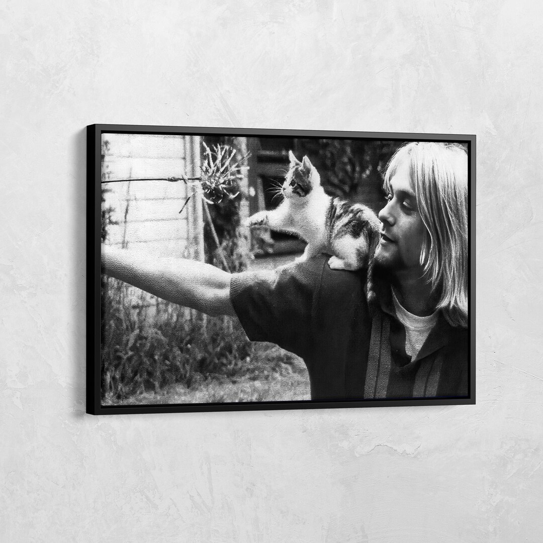 Kurt Cobain Poster, Kurt Cobain With His Cat Canvas Poster, Black and ...