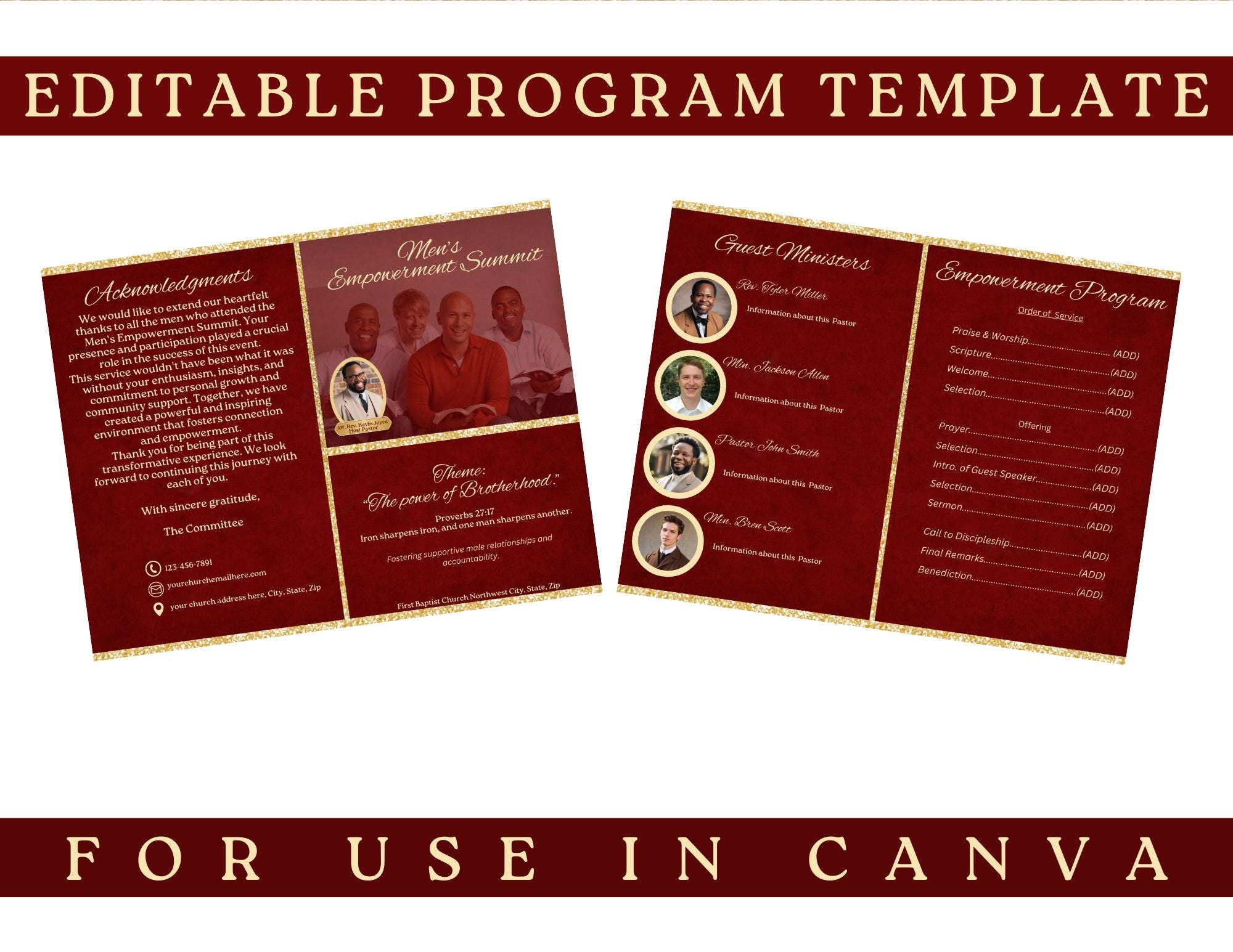 Men's Summit Program Template, Editable DIY Church Bifold Brochure ...