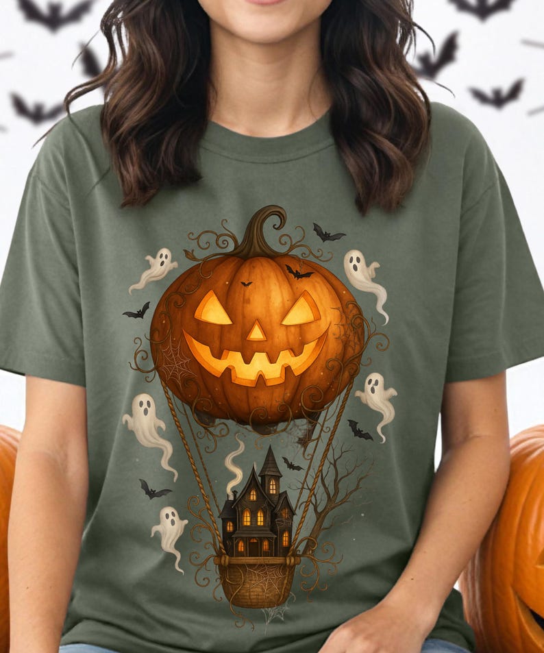 Pumpkin Hot Air Balloon Halloween Shirt, Gothic Steampunk Spooky Flying ...