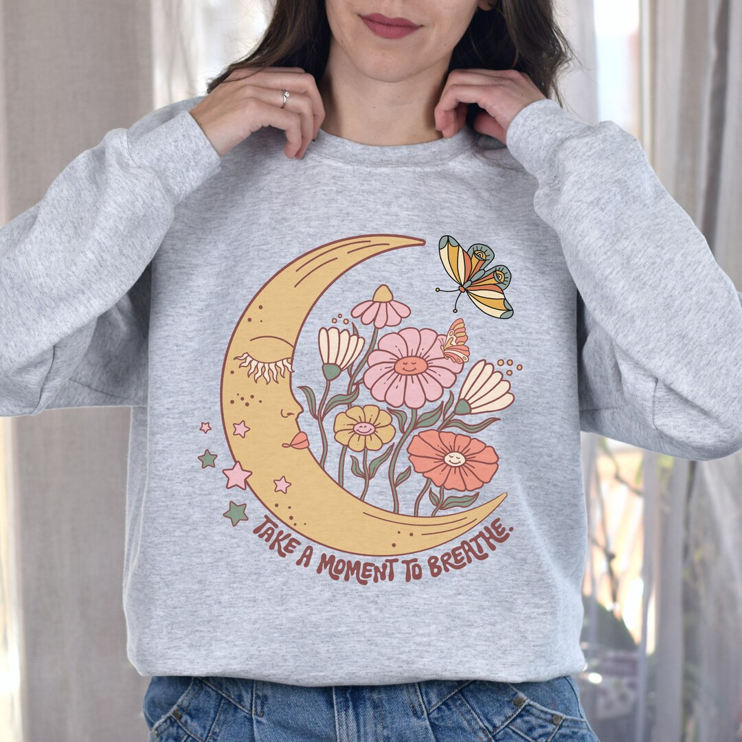 Wildflower and Crescent Moon Crewneck Sweatshirt, Vintage Moon ...