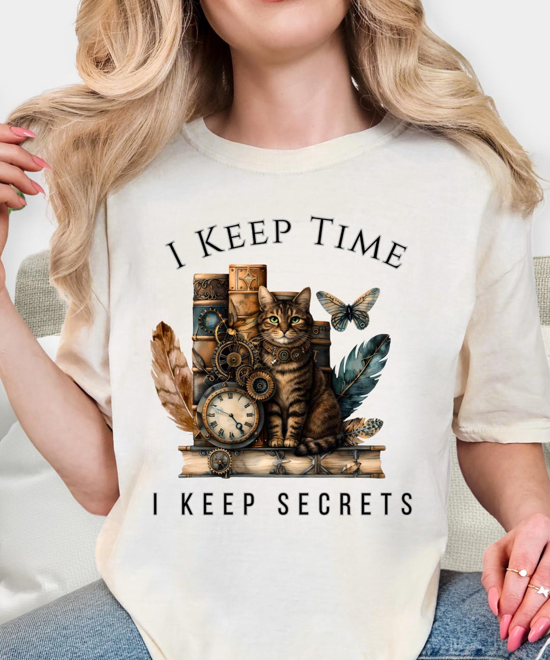 I Keep Time I Keep Secrets T-shirt | Steampunk Clock, Cat & Feather ...