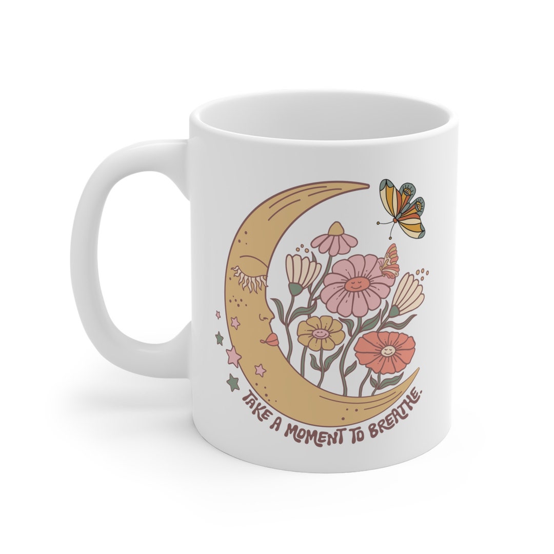 Wildflower and Crescent Moon Coffee Mug, Vintage Moon Ceramic Mug, Boho ...