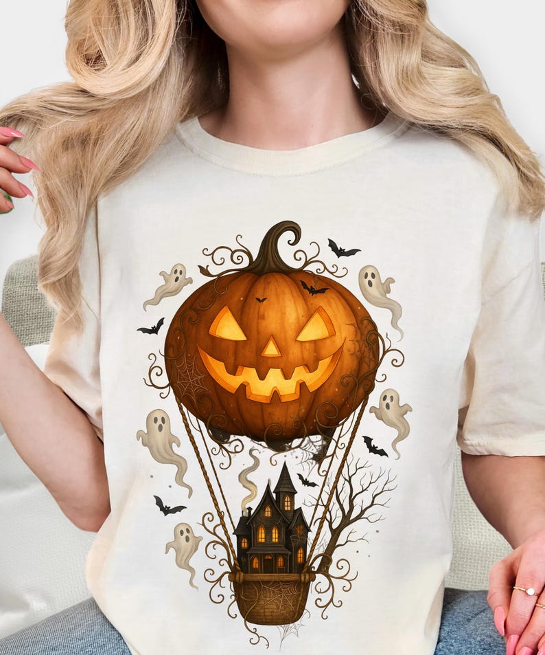 Pumpkin Hot Air Balloon Halloween Shirt, Gothic Steampunk Spooky Flying ...