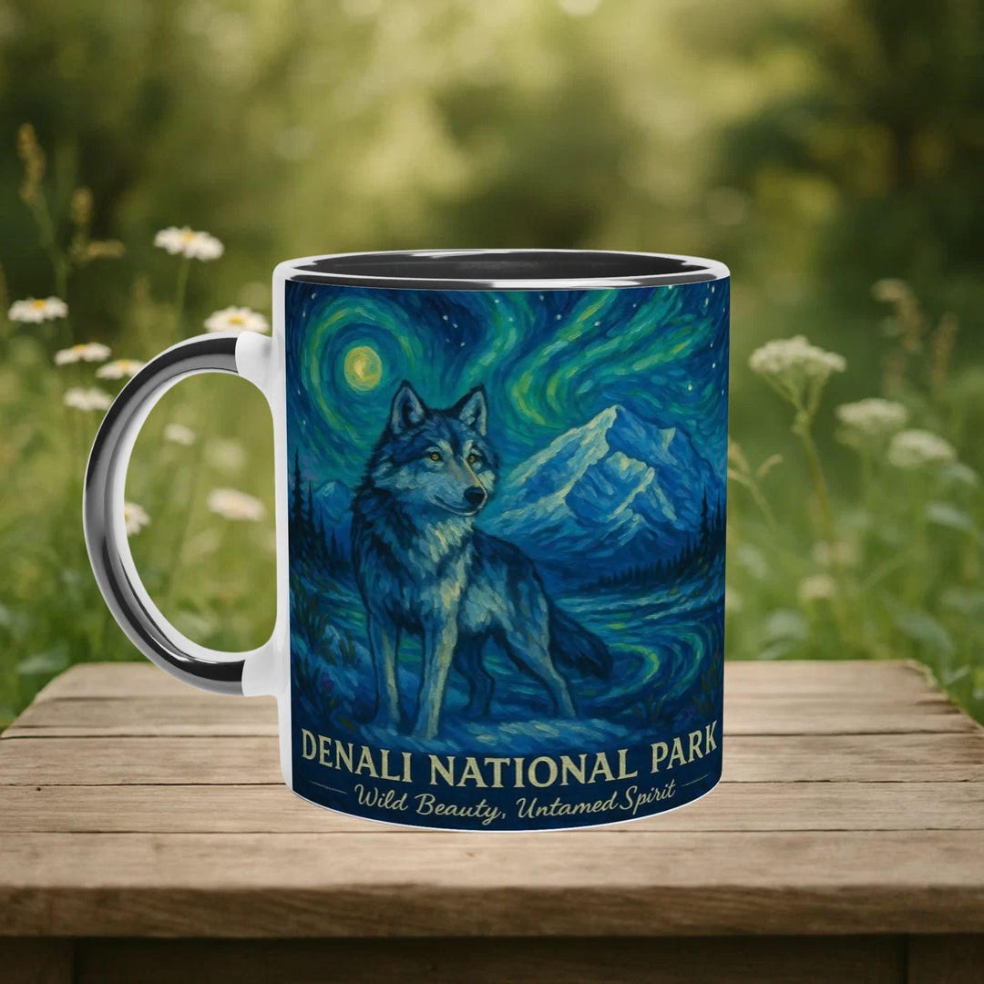 Denali National Park Mug, Wolf Coffee Cup, Alaska Souvenir, Van Gogh ...