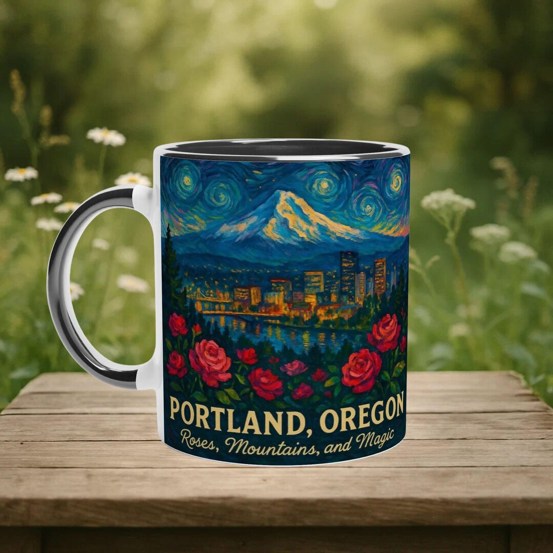 Portland Oregon Mug: Van Gogh Mount Hood & Rose City Art - Etsy