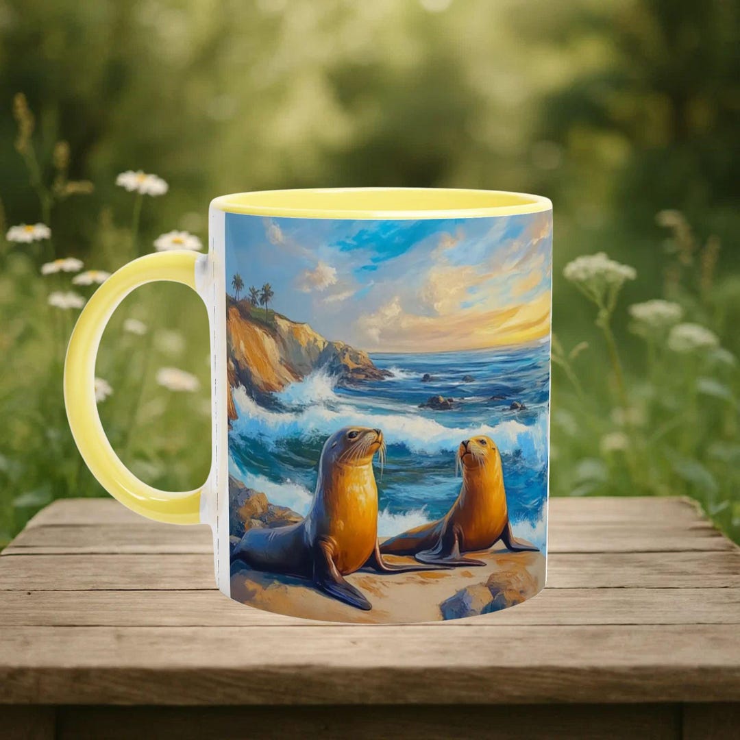 La Jolla Seals Mug, Ocean Wildlife Art Coffee Cup, San Diego Beach Gift ...