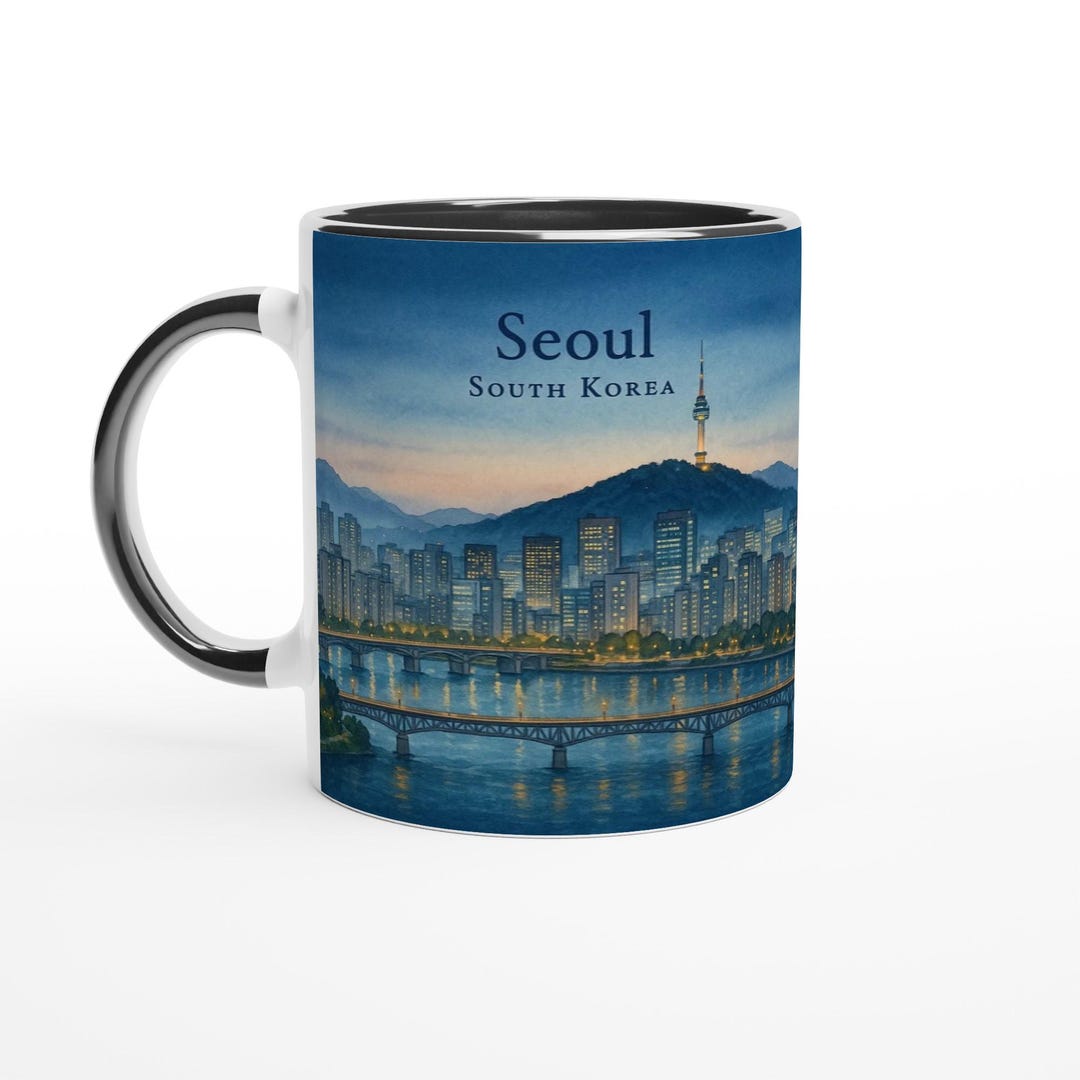 Seoul South Korea Mug – Han River Bridges, Namsan Tower Skyline & Blue ...