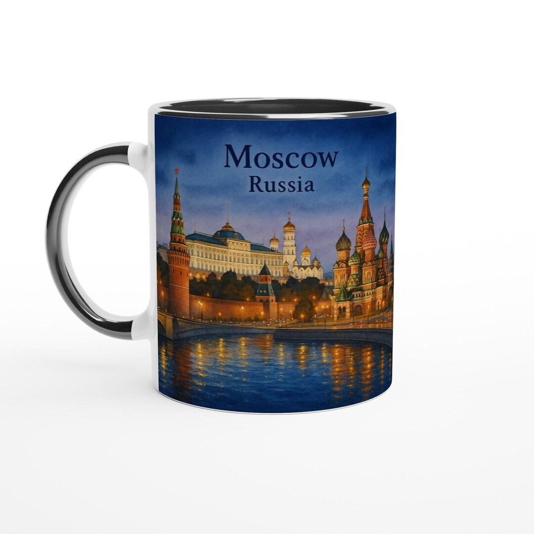 Moscow Russia Mug – Kremlin Walls, St Basil’s Cathedral & Moskva River ...