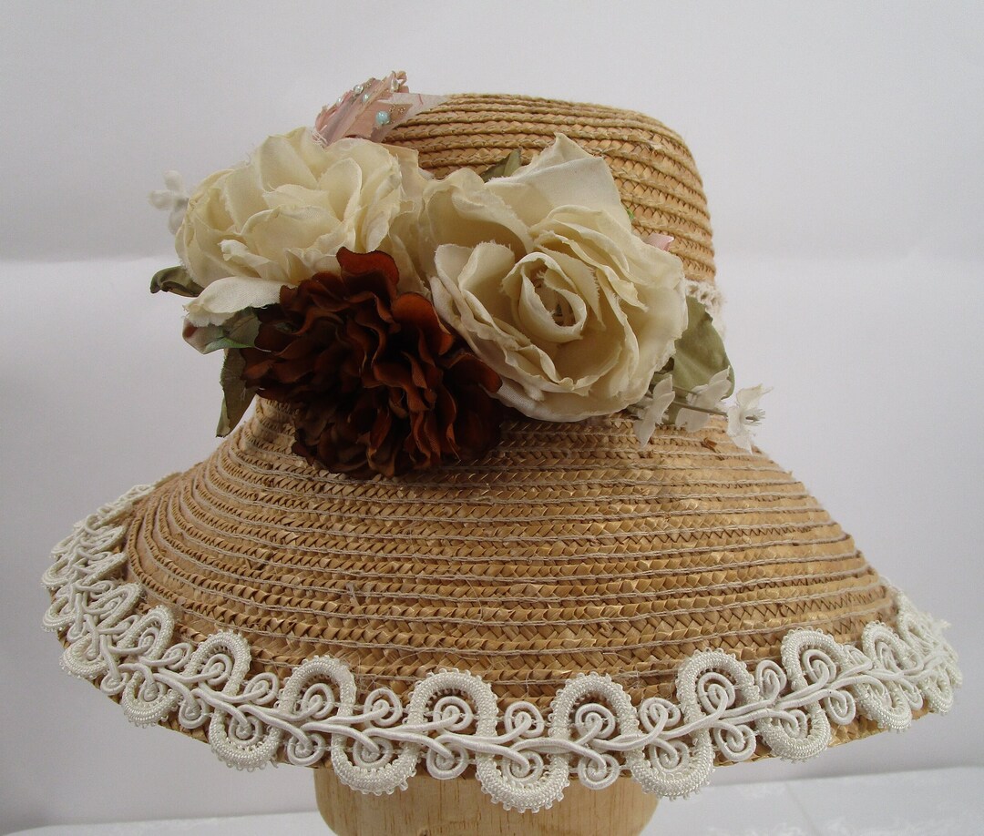 Upcycled Hat Lace and Flower Decorated Straw, Derby, Church Bucket Hat ...