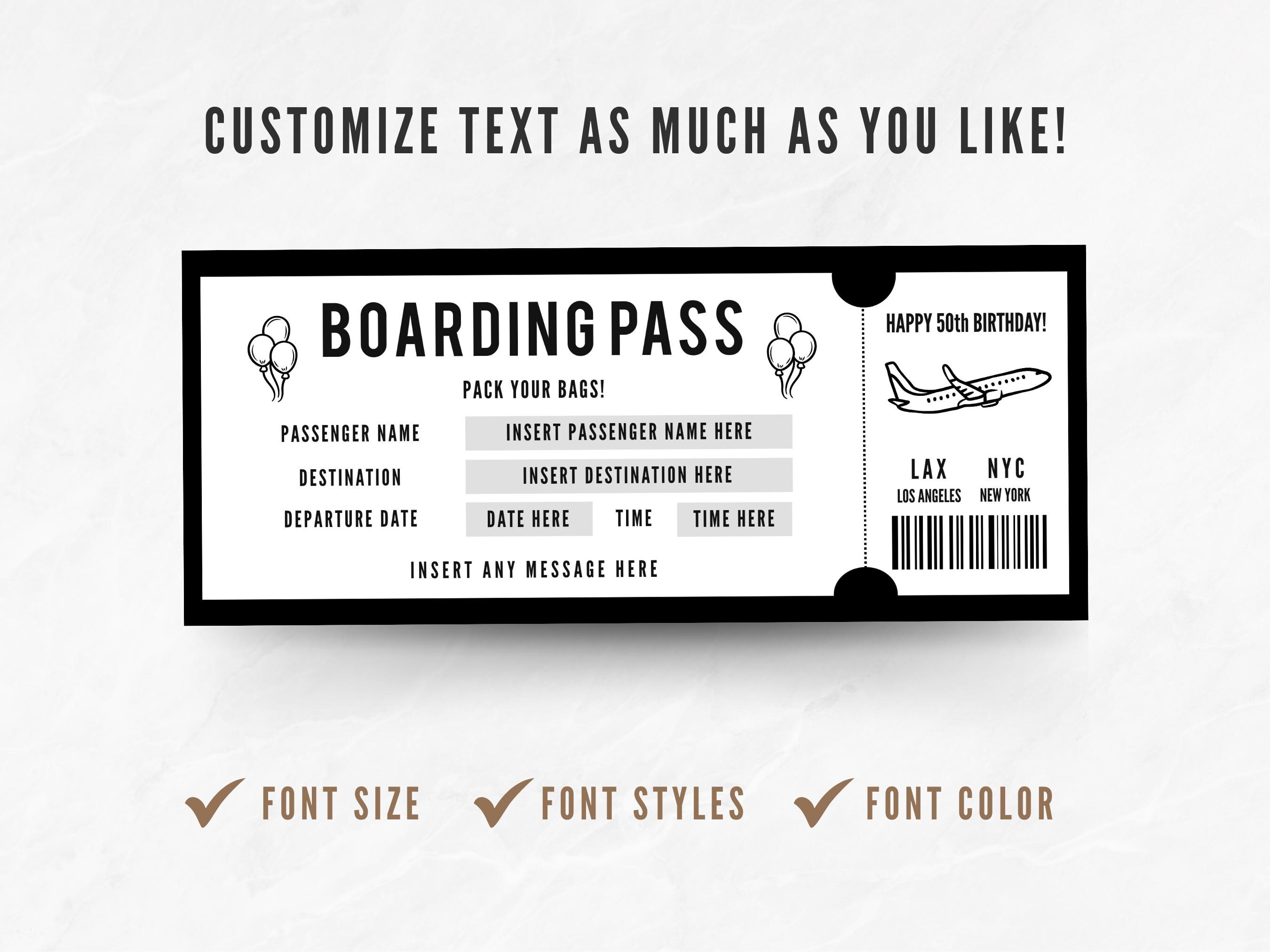 Editable Boarding Pass Template, Printable Plane Ticket, Personalized ...