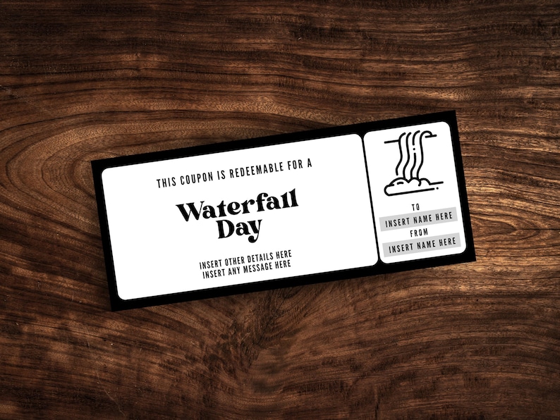 Editable Waterfall Day Coupon, Custom Waterfall Tour Gift Certificate ...