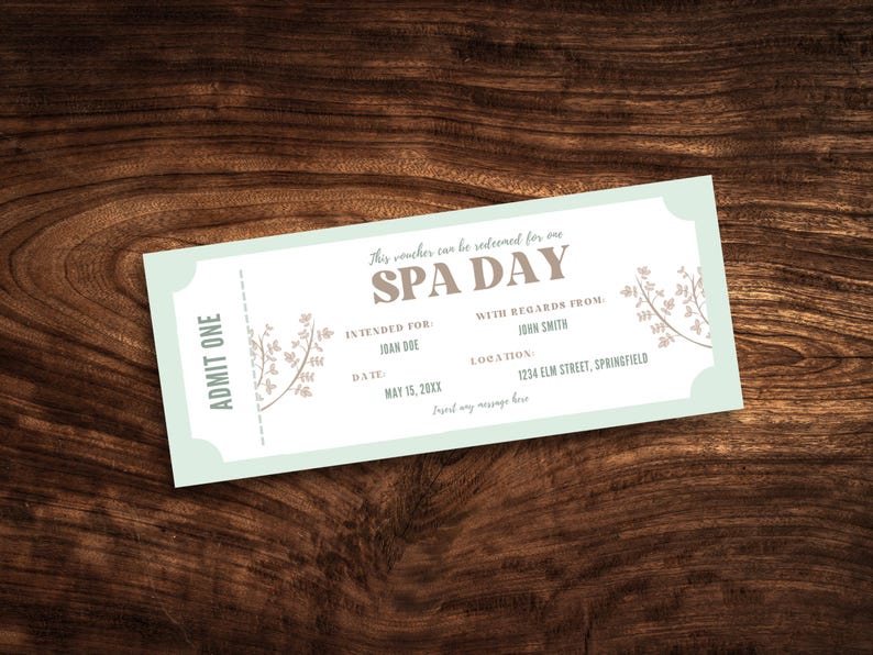 Editable Spa Day Coupon, Printable Spa Ticket Voucher, Custom Spa Day ...