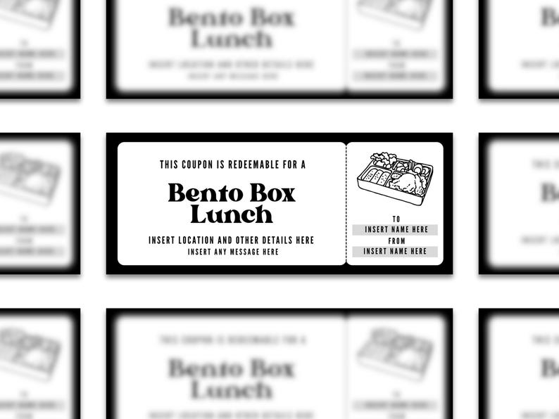 Custom Bento Box Lunch Coupon, Printable Bento Box Voucher, Editable ...