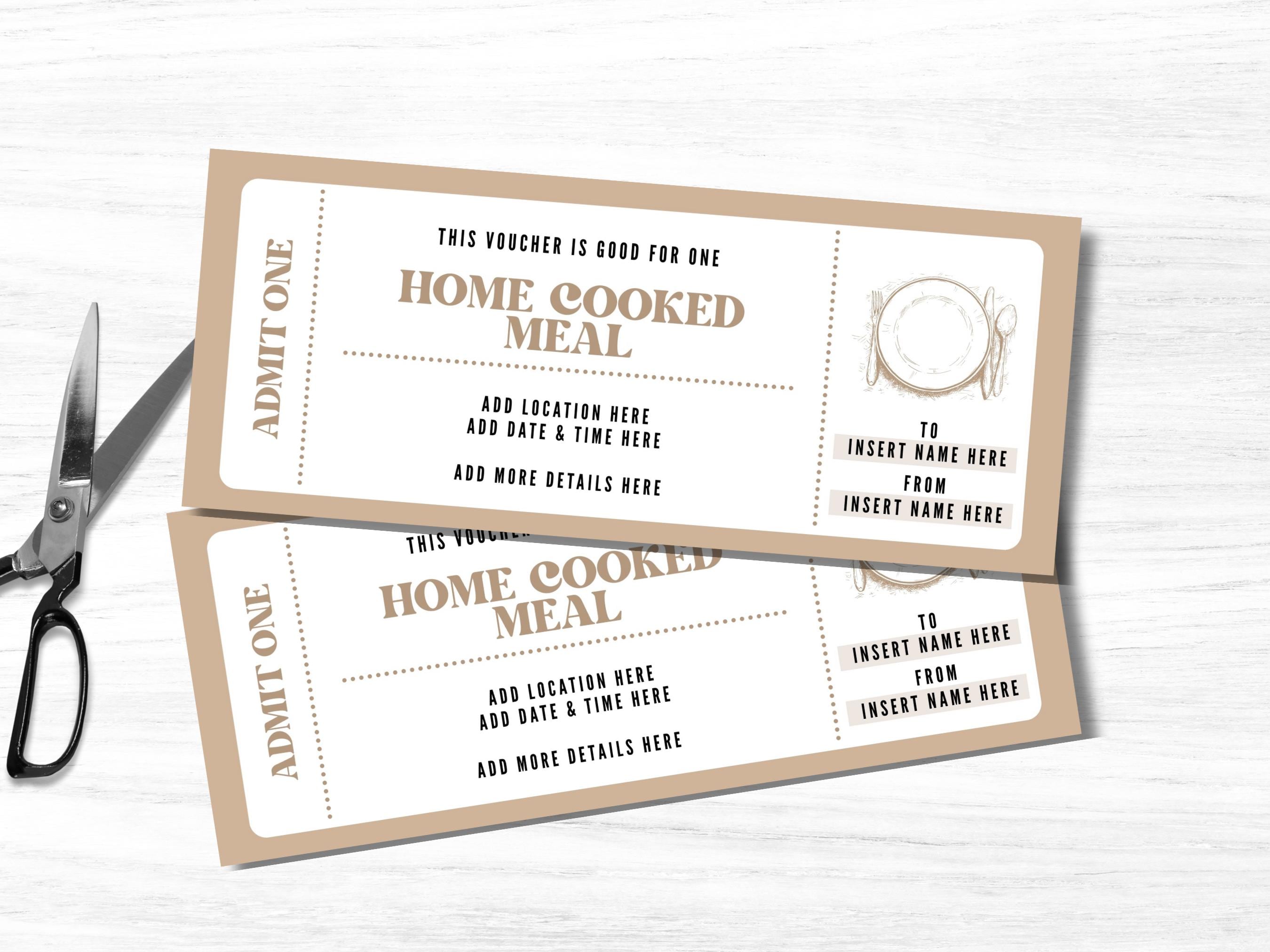 Editable Home Cooked Meal Coupon, Printable Homemade Meal Ticket Template, Custom Home Cooked ...