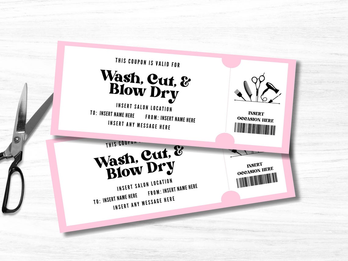 Editable Wash, Cut, and Blow Dry Coupon, Printable Salon Service Ticket ...