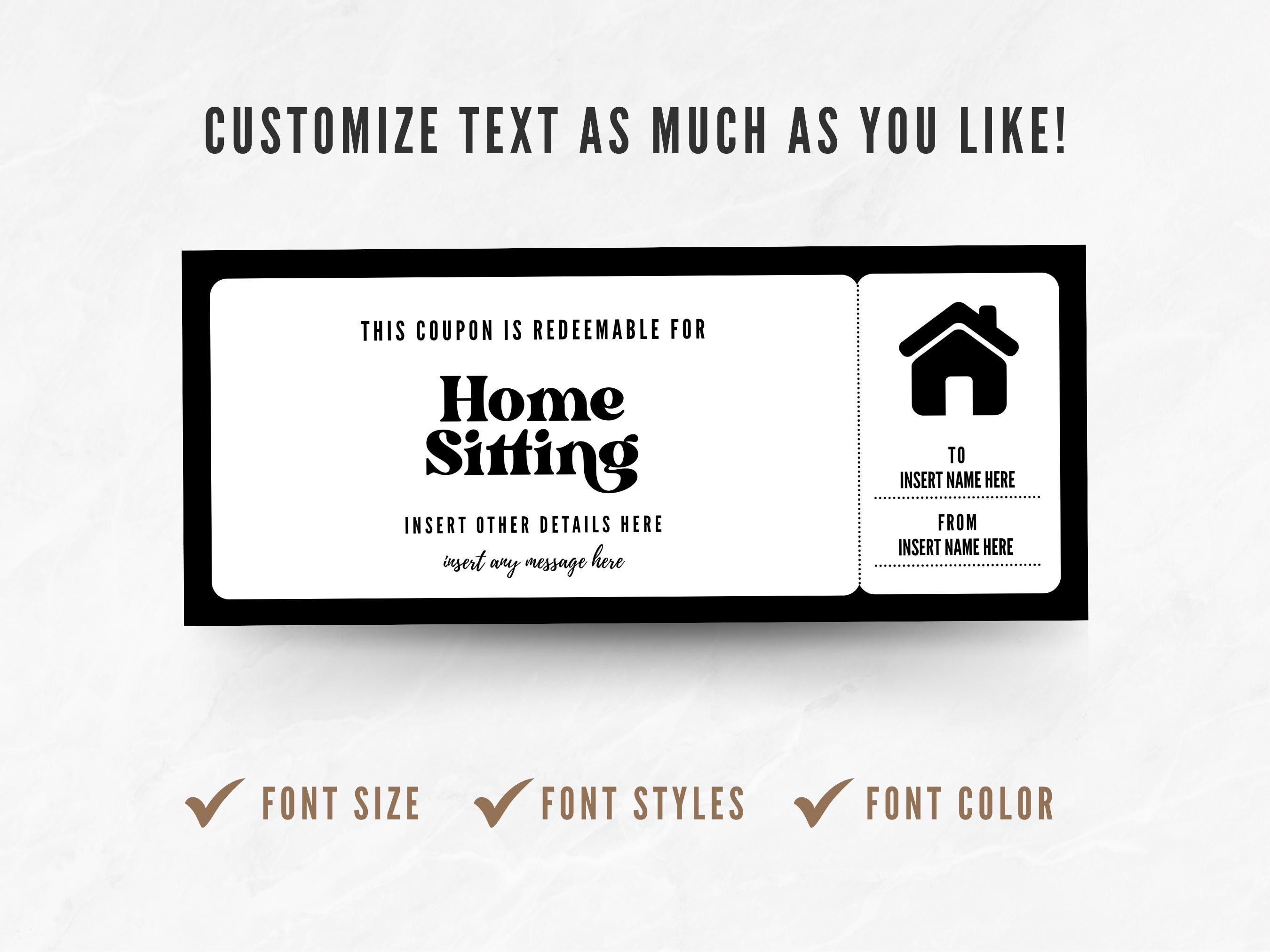 Editable House Sitting Coupon, Custom House Watching Gift Certificate ...