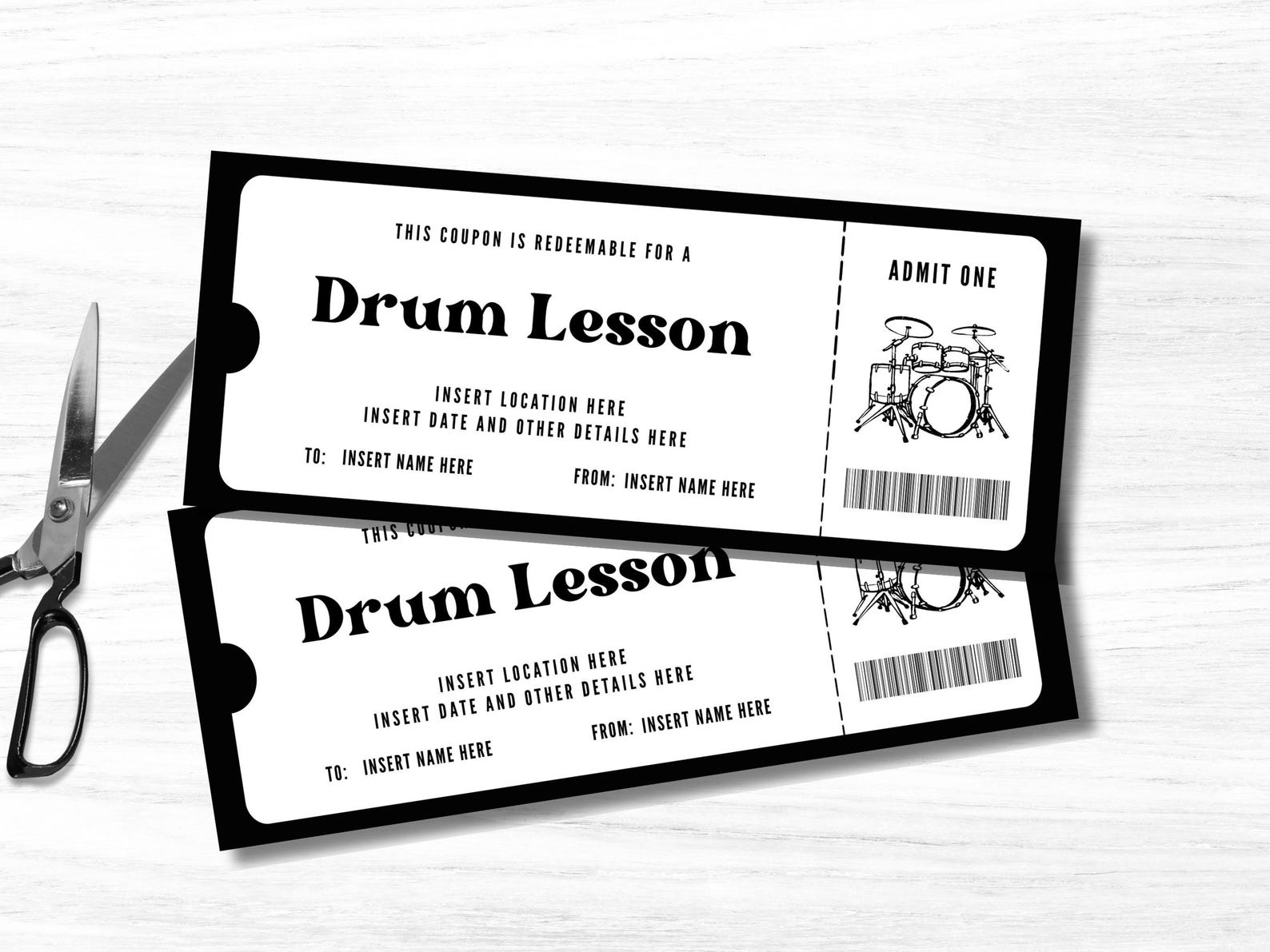 Editable Drum Lesson Coupon, Custom Drum Class Ticket Template ...