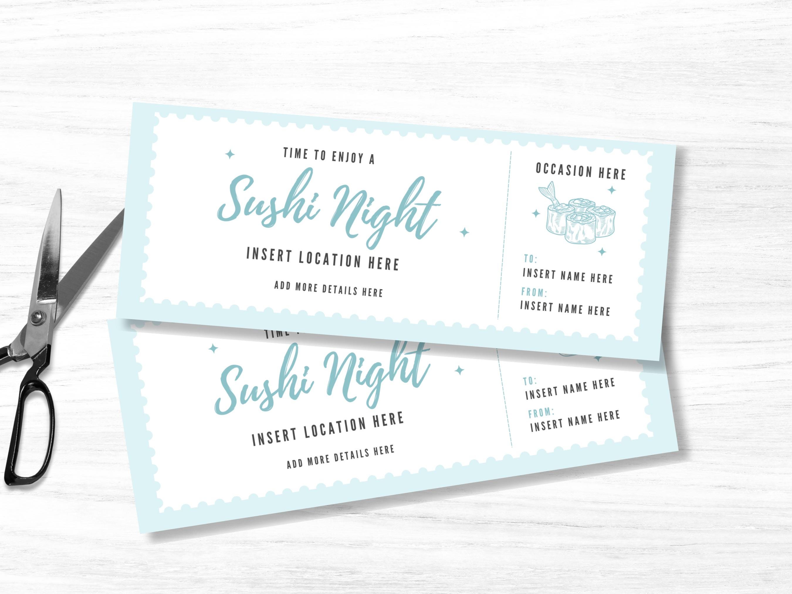 Editable Sushi Dinner Coupon Template, Custom Sushi Date Ticket ...