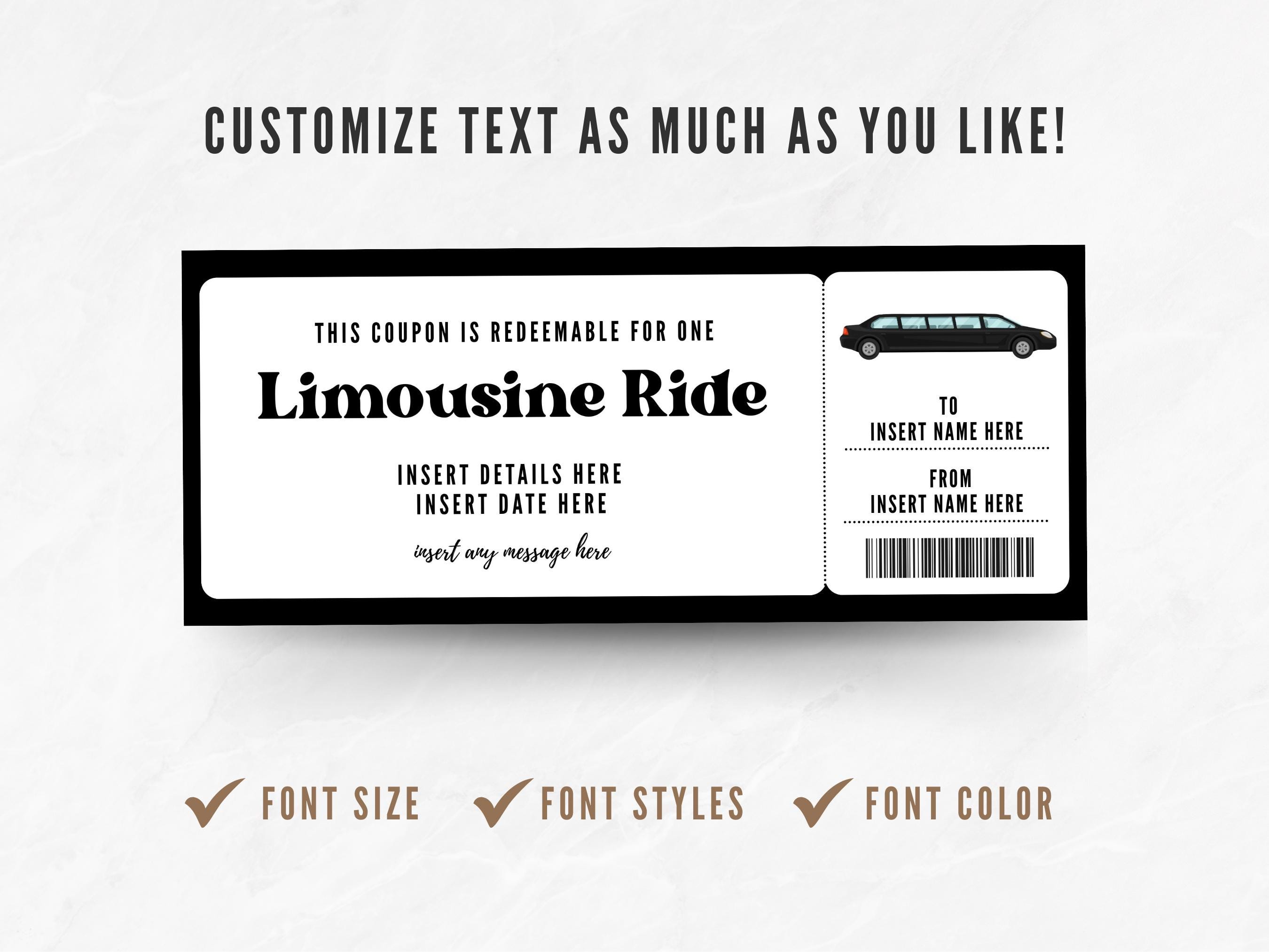 Editable Limo Ticket Template, Printable Limousine Ride Coupon ...