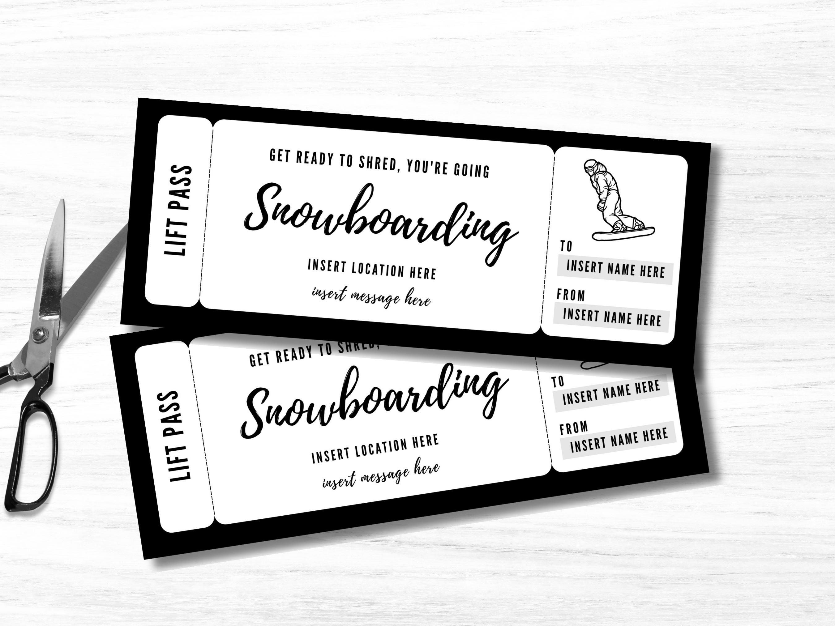 Editable Snowboarding Lift Ticket Template, Custom Snowboarding Trip ...