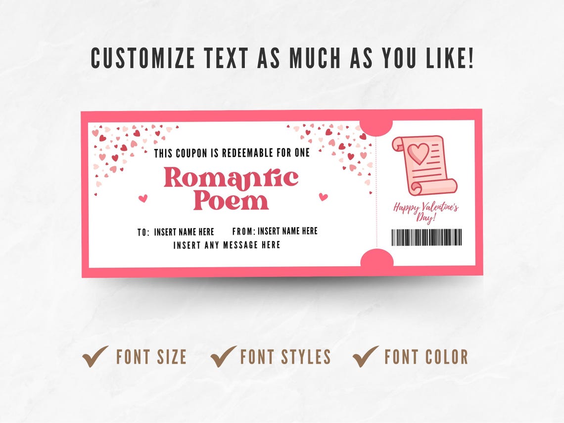 Editable Romantic Poem Valentine's Day Coupon, Printable Words of ...