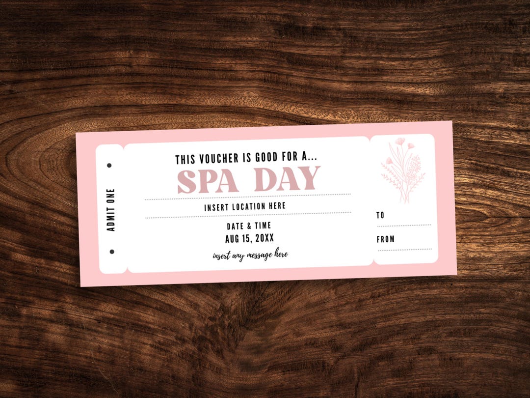 Editable Spa Day Coupon, Printable Spa Ticket Voucher, Custom Spa Day ...