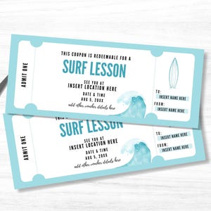 Editable Surf Lesson Coupon, Custom Surfing Lessons Ticket Template ...