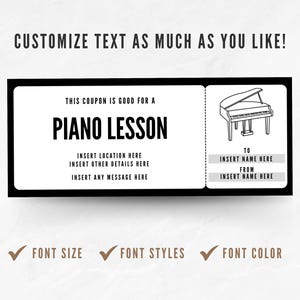 Editable Piano Lesson Coupon, Custom Piano Class Ticket Template ...