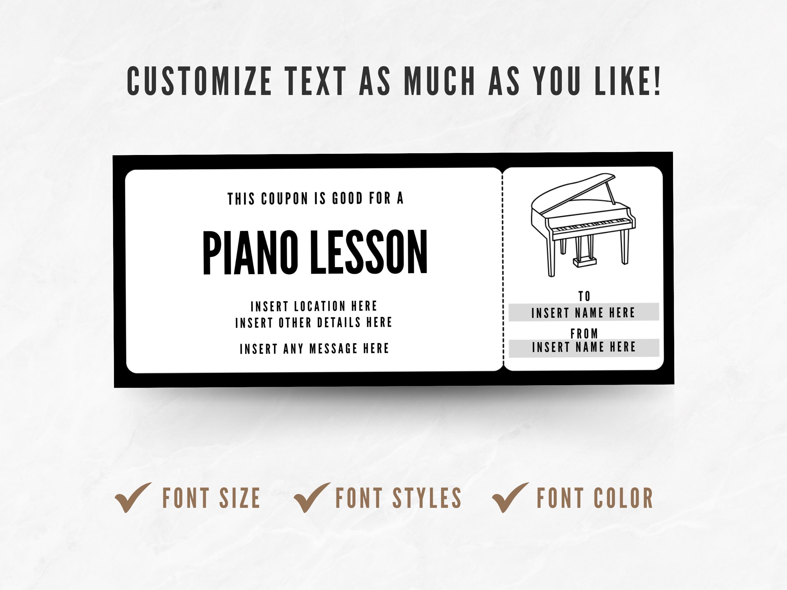 Editable Piano Lesson Coupon, Custom Piano Class Ticket Template ...