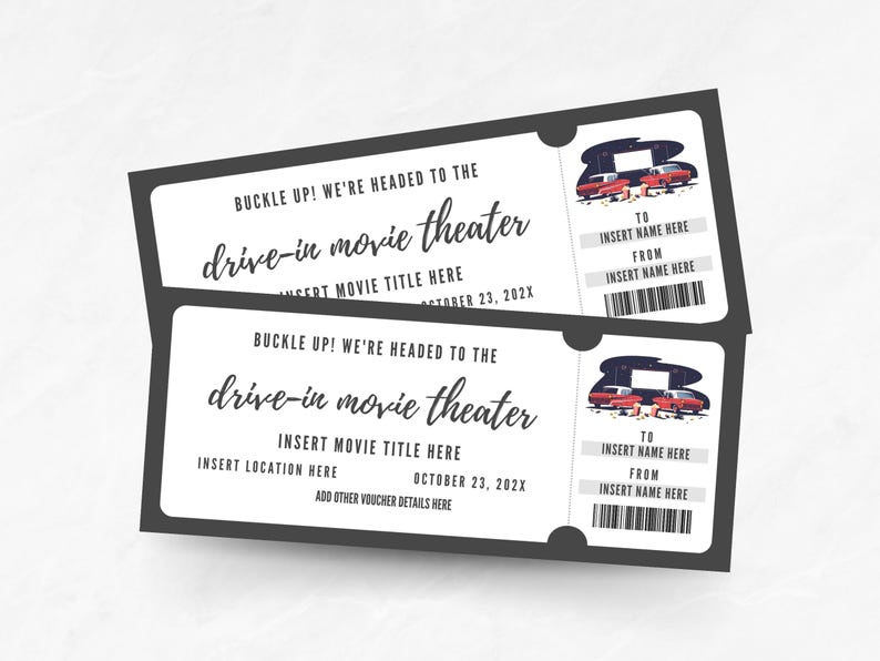 Editable Drive-in Movie Theater Ticket Template, Custom Drive-ins Movie ...